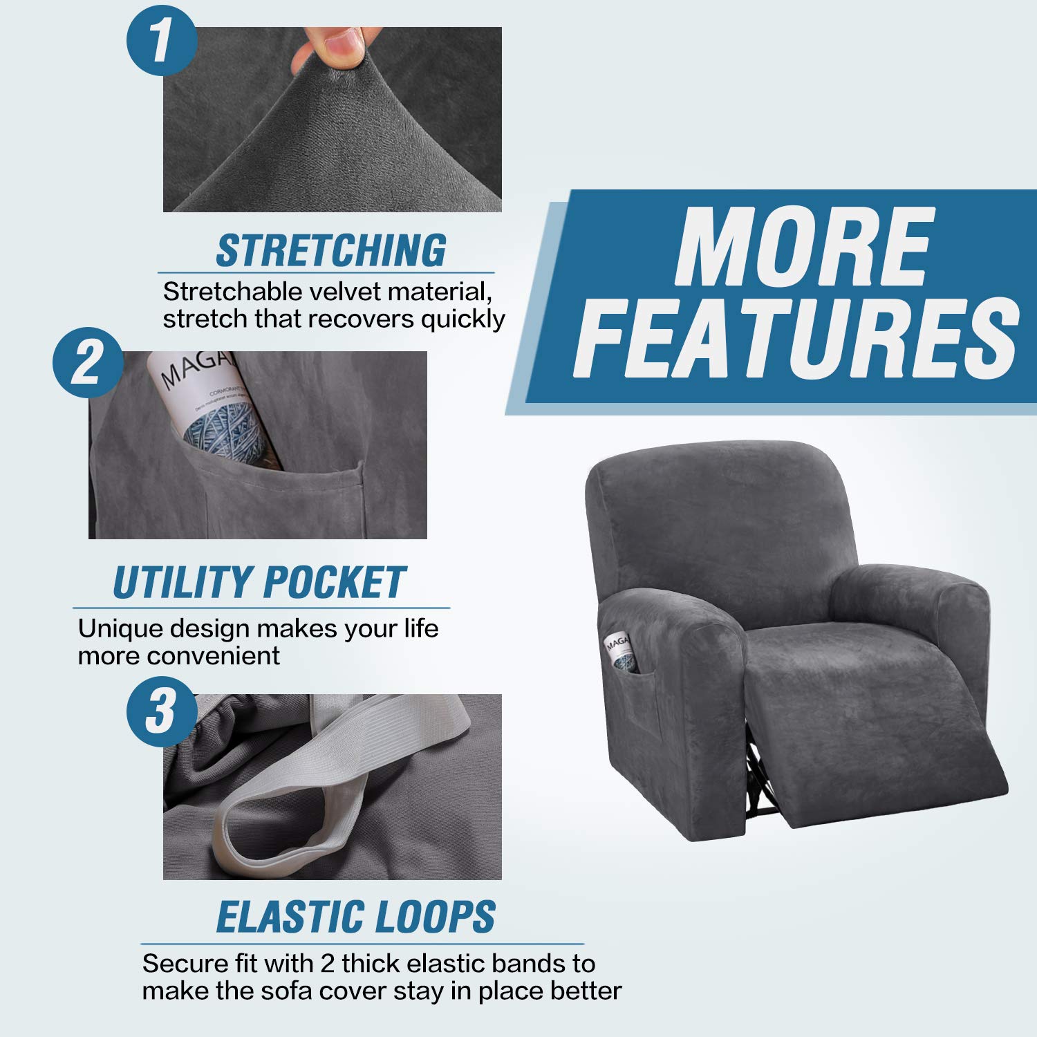 H.VERSAILTEX Velvet Stretch Recliner Couch Covers 4-Pieces Style Recliner Chair Covers Recliner Cover for Reclining Chair Slipcovers Feature Non Slip Form Fitted Thick Soft Washable, Grey