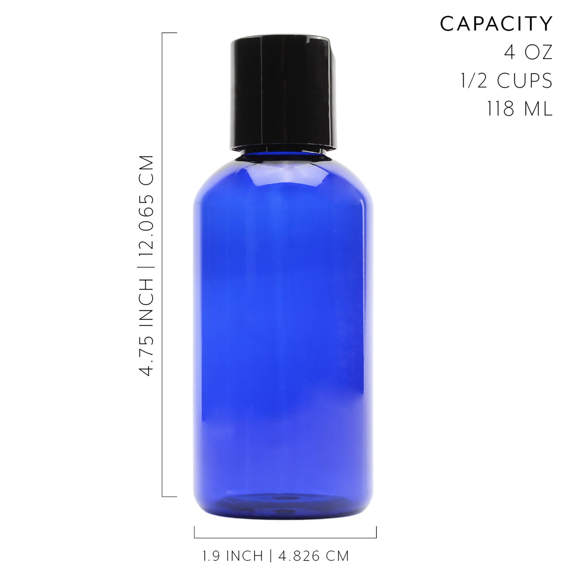 4oz Empty Cobalt Blue Plastic Squeeze Bottles with Disc Top Flip Cap (6 pack); BPA-Free Containers For Shampoo, Lotions, Liquid Body Soap, Creams