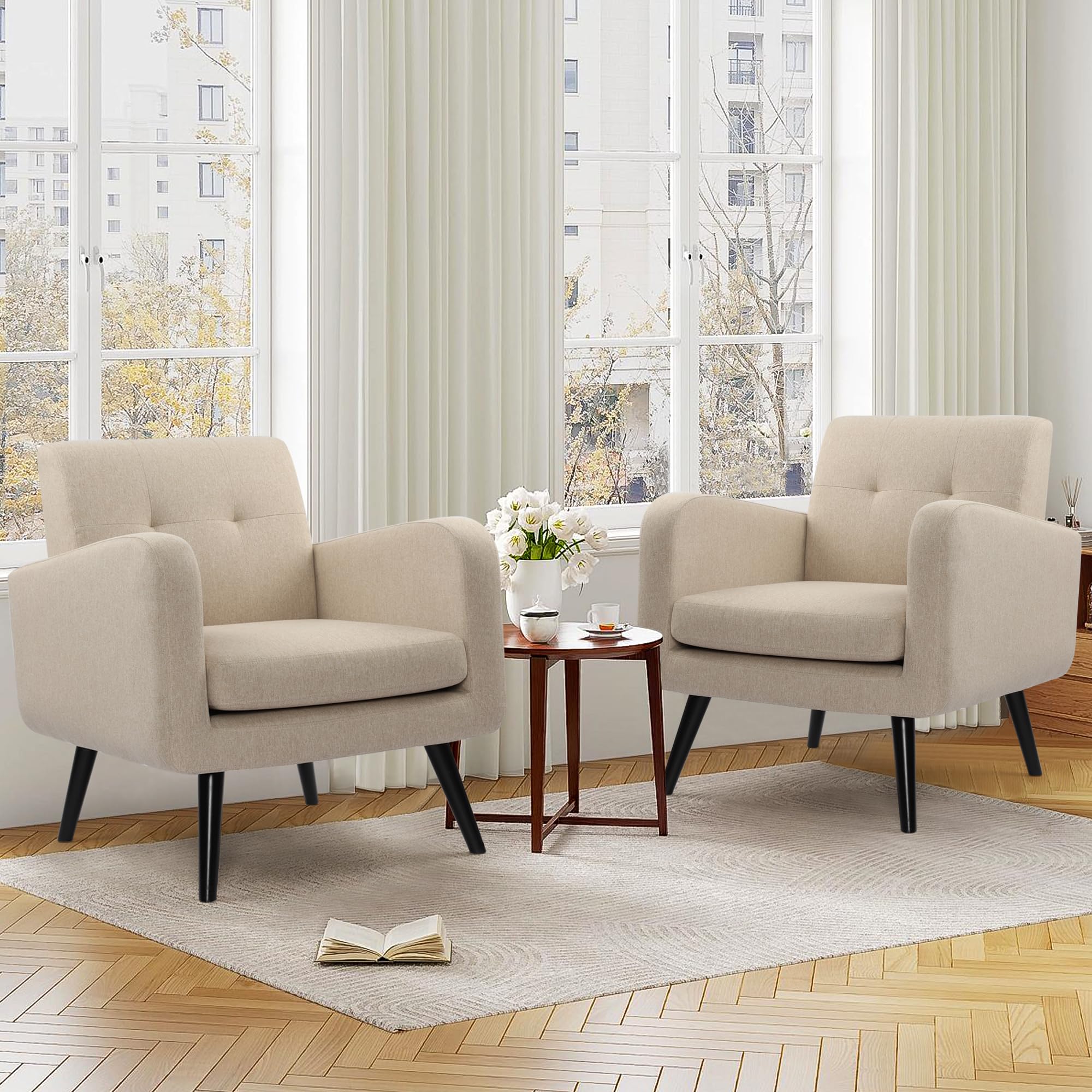 LSSPAID Modern Accent Chairs, Upholstered Fabric Cozy Armchairs, Living Room Side Chair with Solid Wood Legs, Beige