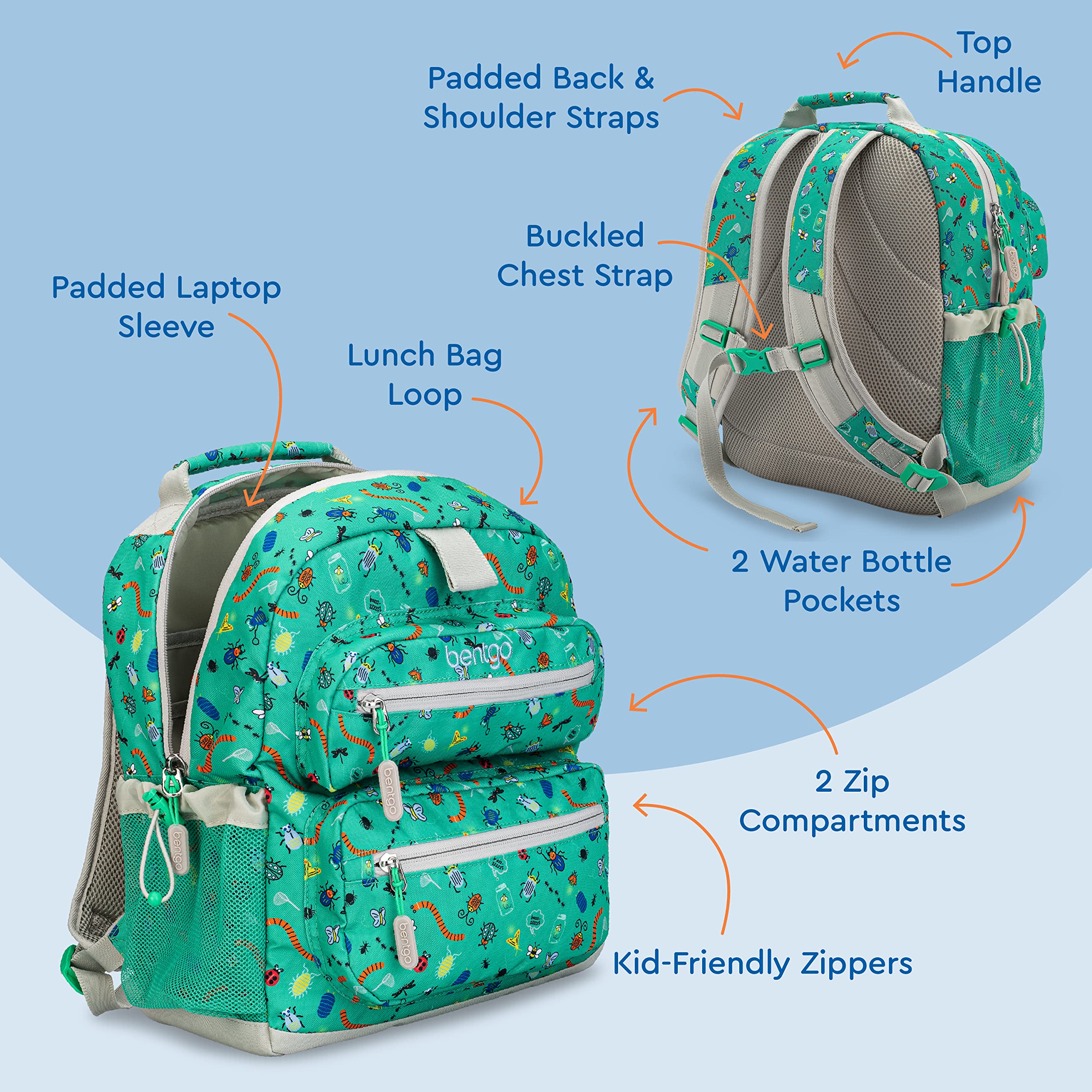 Bentgo® Kids 14” Backpack Set With Kids Prints Lunch Box (Bug Buddies)