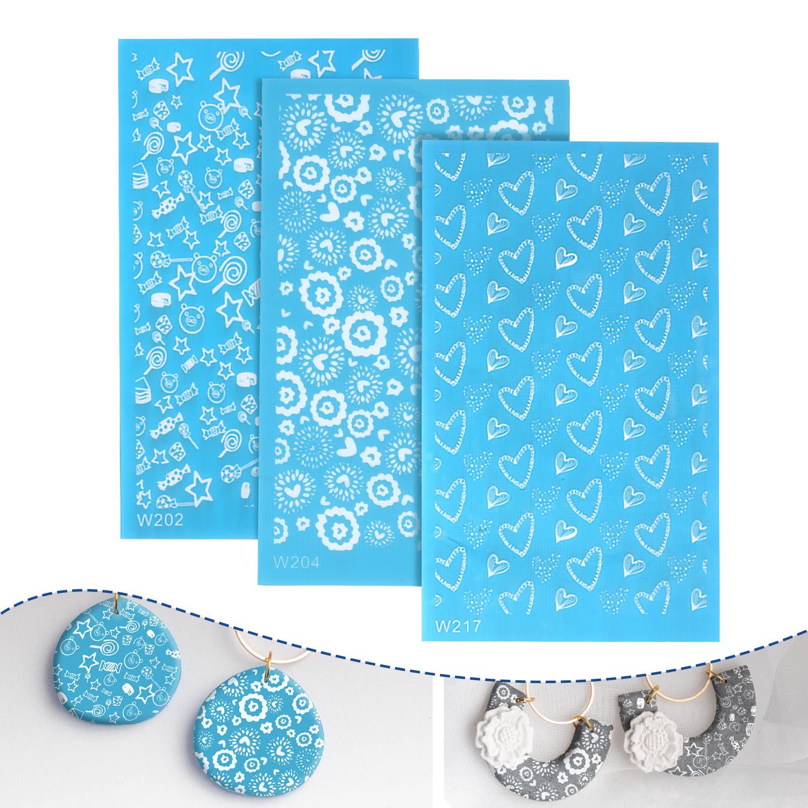 3pcs Silk Screen Stencils for Polymer Clay, 5.9×3.54 inch Polymer Clay Silk Screen Stencils Reusable Silkscreen Print Kit Polymer Clay Silk Screen Stencils for DIY Polymer Clay