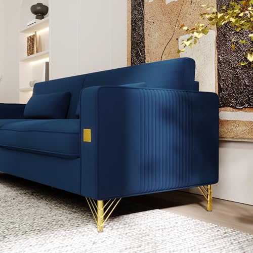 LostCat 85'' Velvet Sofa Couch Mid Century Modern Upholstered 3-Seater Loveseat with 2 Pillows and Armrest for Living Room, Apartment and Small Space, Retro Blue