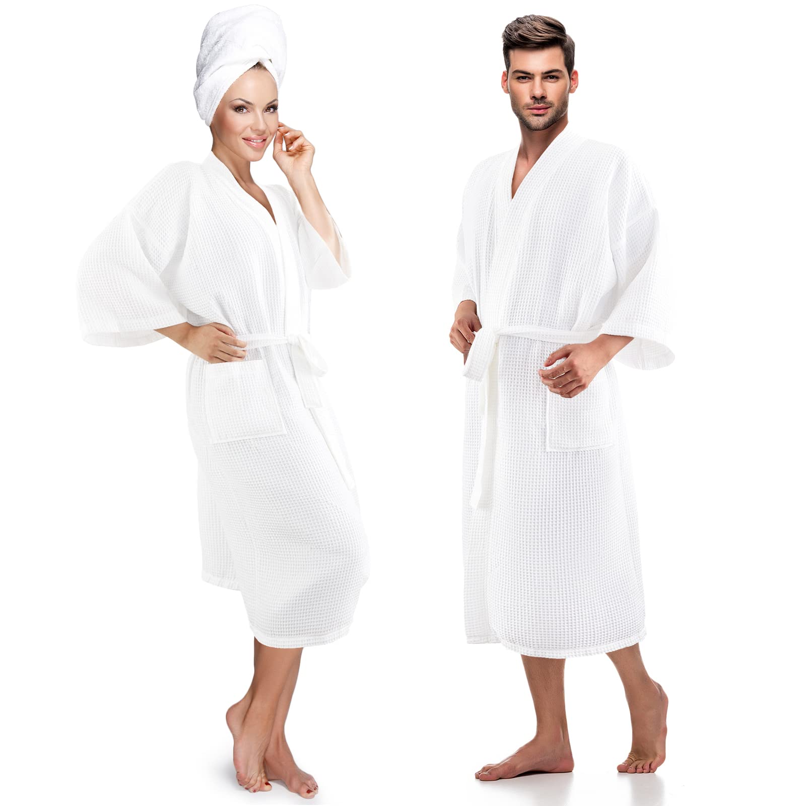 Hercicy 2 Pcs Waffle Robes Lightweight Robes for Women Man His and Hers Bathrobes for Couples Pool Party Weedings(Large,White)