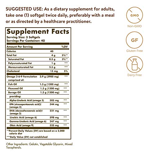 Solgar 1300 mg Omega 3-6-9, 120 Softgels - Fish Oil Supplement - Support for Heart, Joint & Skin Health - Includes Flaxseed & Borage - Contains EPA & DHA - Omega 3 Fatty Acids - 40 Servings