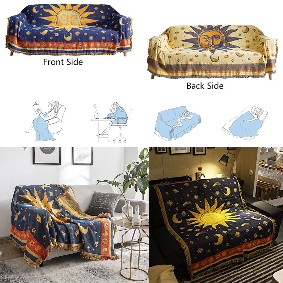 Hippie Throw Blanket Sun Moon Stars Boho Throw Blankets Celestial Tapestry Double-Sided Reversible Woven Cotton Home Decor Bedding Chair Couch Recliner Cover Oversized Tassels Astrology 50"x70"