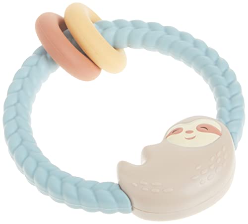 Itzy Ritzy Silicone Teether with Rattle; Rattle Teether Features Rattle Sound, Two Silicone Teething Rings and Raised Texture to Soothe Gums; Ages 3 Months and Up (Sloth)