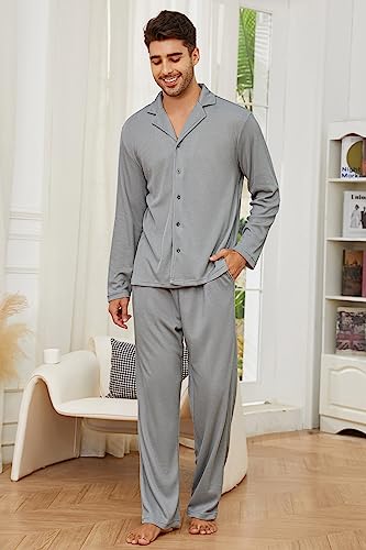 Andeip Mens Sleepwear Mens Pajamas Set Waffle Knit Long Sleeve Pjs Matching Lounge Set Light Grey L