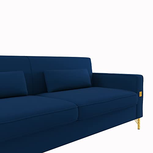 LostCat 85'' Velvet Sofa Couch Mid Century Modern Upholstered 3-Seater Loveseat with 2 Pillows and Armrest for Living Room, Apartment and Small Space, Retro Blue