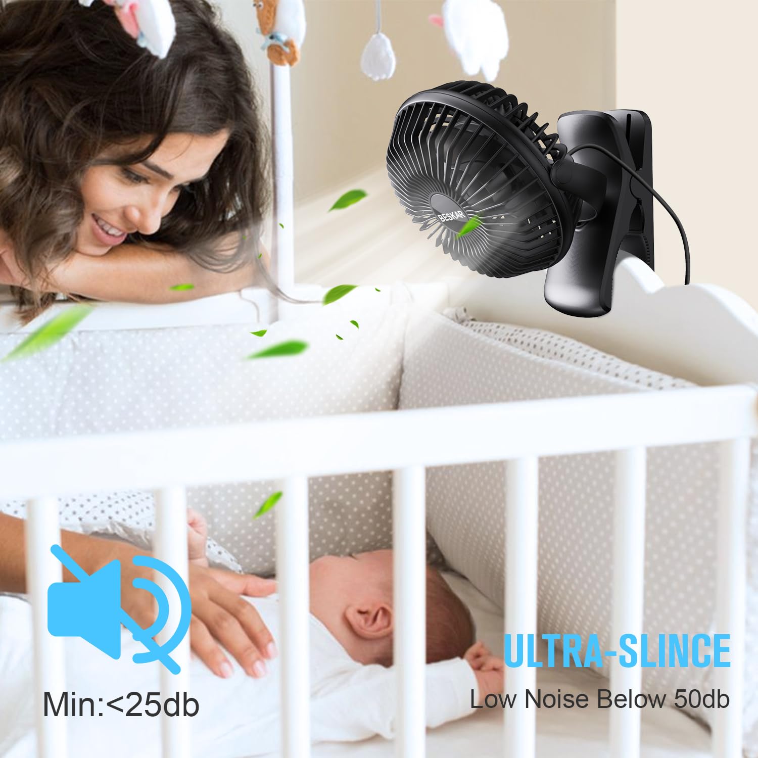 BESKAR 6 Inch Clip on Fan, 3 Speeds Small Fan with Strong Airflow, Clip & Desk Fan USB Plug in with Sturdy Clamp - Ultra Quiet operation for Office Dorm Bedroom Stroller