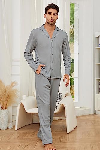 Andeip Mens Sleepwear Mens Pajamas Set Waffle Knit Long Sleeve Pjs Matching Lounge Set Light Grey L