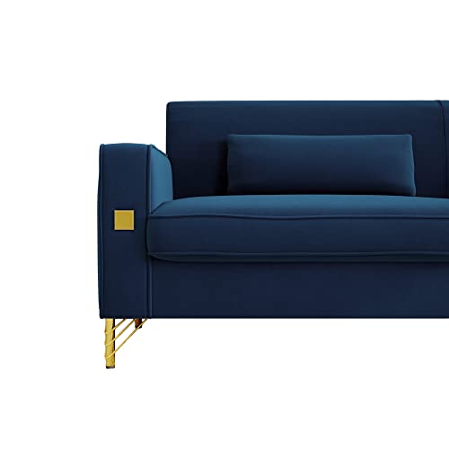 LostCat 85'' Velvet Sofa Couch Mid Century Modern Upholstered 3-Seater Loveseat with 2 Pillows and Armrest for Living Room, Apartment and Small Space, Retro Blue