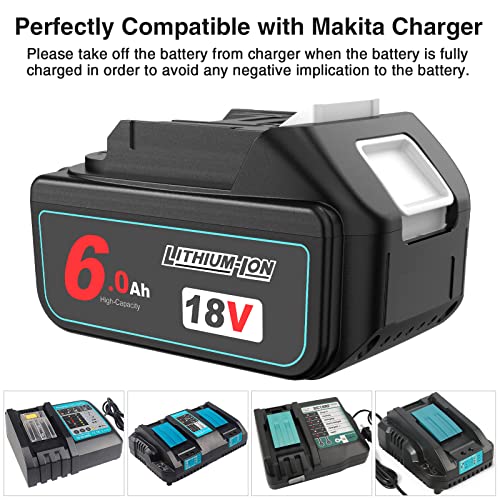 DKSIDKN 2Pack 18V 6.0Ah BL1860 Lithium-Ion Replacement Battery Compatible with Makita BL1830B BL1860B BL1840B BL1815 LXT-400 18Volt Cordless Tools with LED Indicator