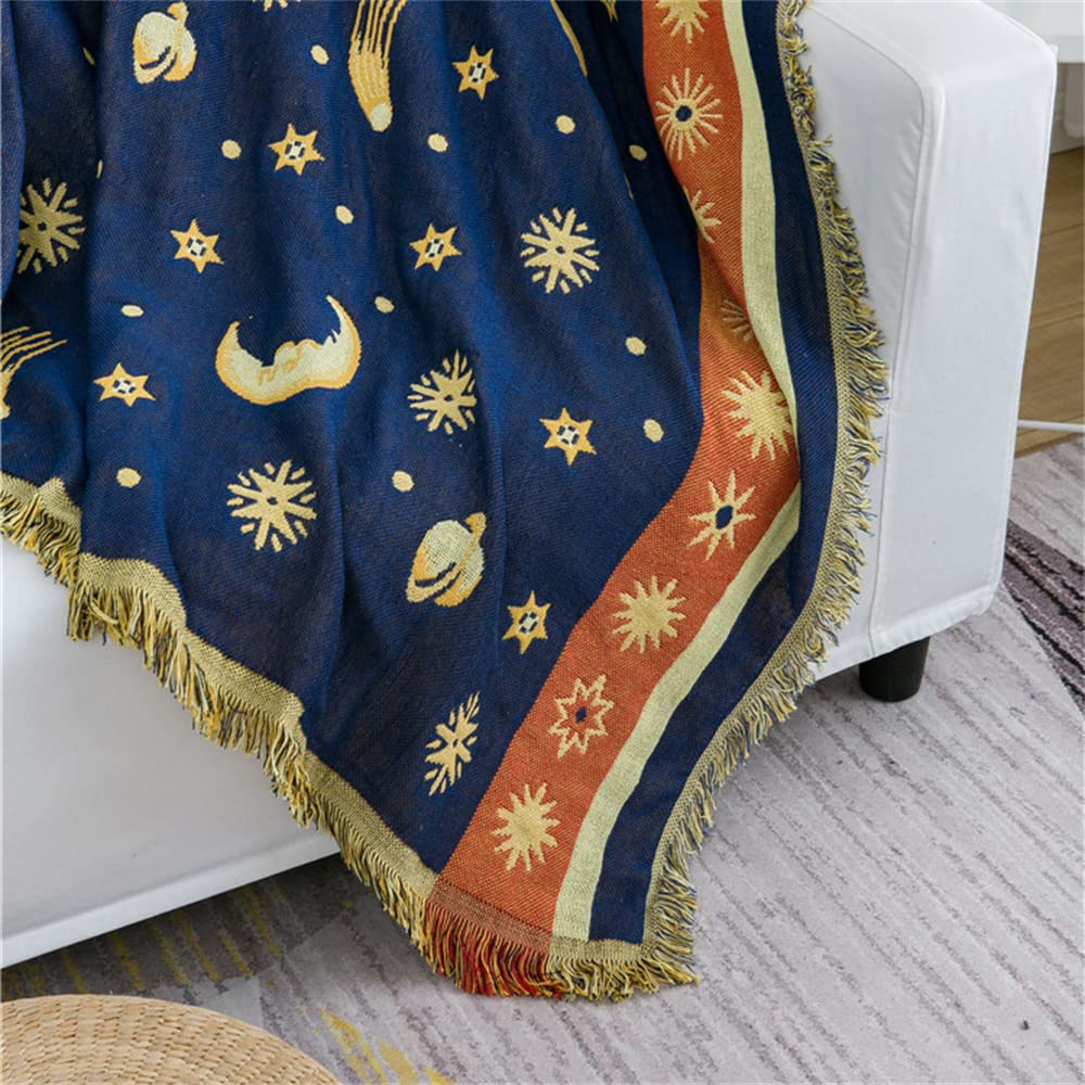 Hippie Throw Blanket Sun Moon Stars Boho Throw Blankets Celestial Tapestry Double-Sided Reversible Woven Cotton Home Decor Bedding Chair Couch Recliner Cover Oversized Tassels Astrology 50"x70"