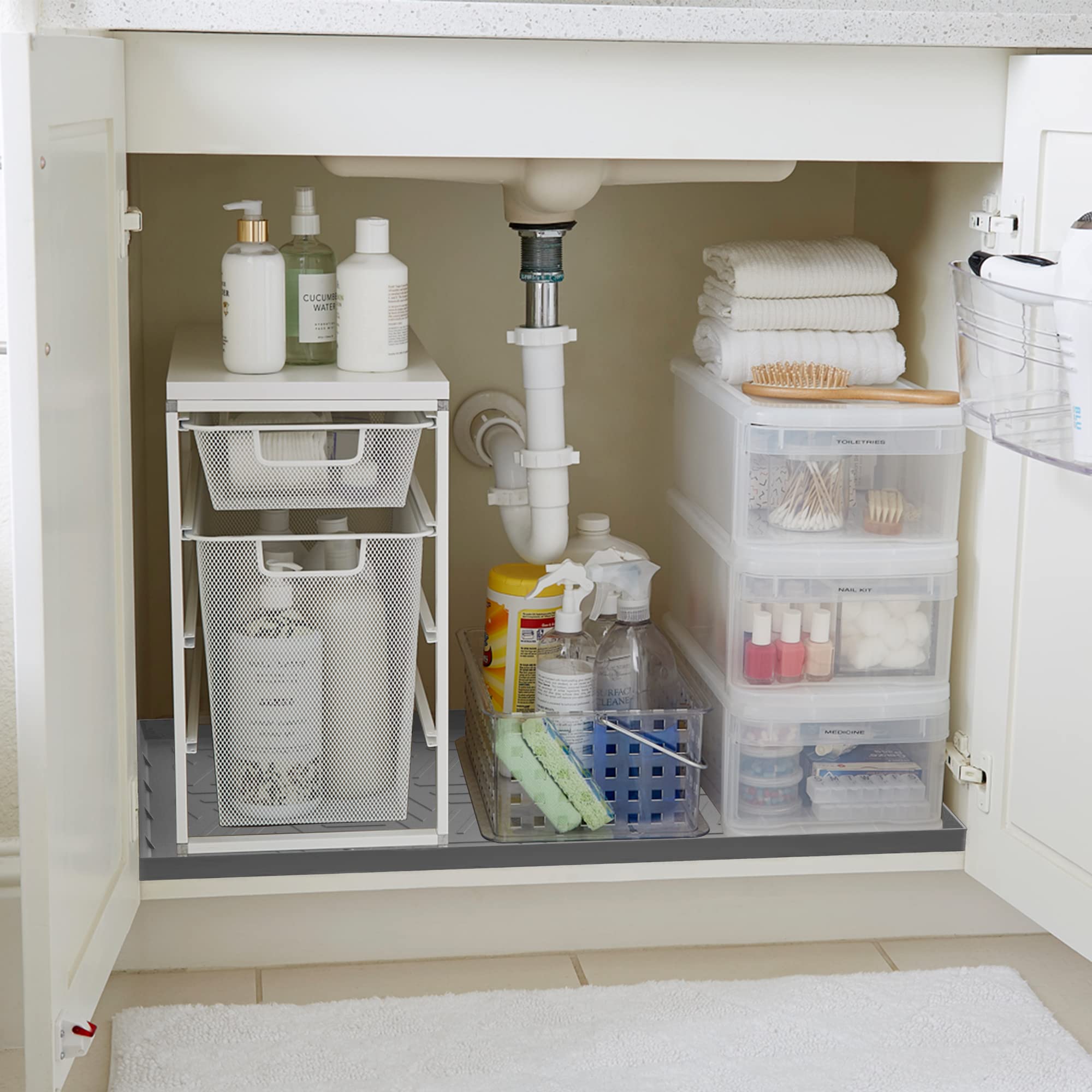 BONSSO Under Sink Mat Kitchen & Bathroom Cabinet Liner, 34" x 22" Silicone Waterproof Under Sink Drip Tray, Hold up to 2.75 Gallons Liquid, Cool Grey