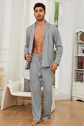 Andeip Mens Sleepwear Mens Pajamas Set Waffle Knit Long Sleeve Pjs Matching Lounge Set Light Grey L