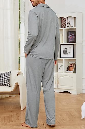 Andeip Mens Sleepwear Mens Pajamas Set Waffle Knit Long Sleeve Pjs Matching Lounge Set Light Grey L