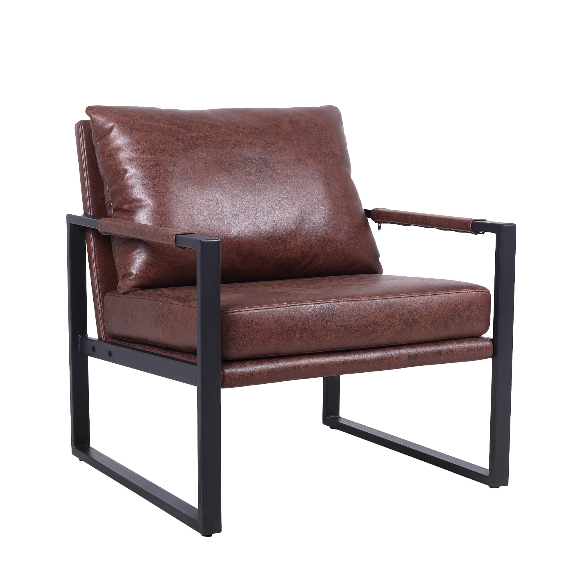 Nusetx Mid-Century Modern Accent Chair, Faux Leather Upholstered Living Room Chairs with Waist Cushion, Reading Armchair for Bedroom Sunroom, Brown