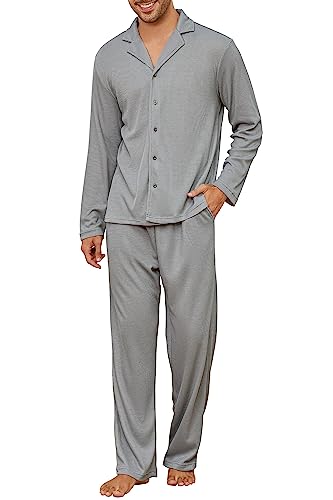 Andeip Mens Sleepwear Mens Pajamas Set Waffle Knit Long Sleeve Pjs Matching Lounge Set Light Grey L