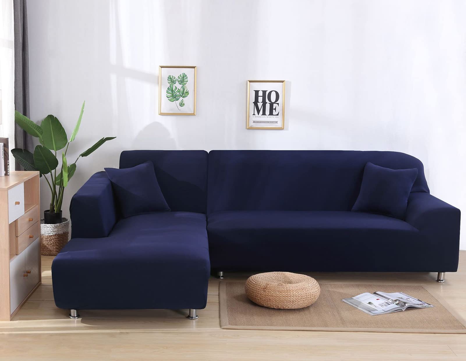 IMYOGI High Stretch Sofa Covers Combination Sofa 2 Pieces Stretch L Shape Sofa Slipcover Spandex Non Slip Furniture Protector for Kids & Pets -Navy Blue-4 Seater + 4 Seater