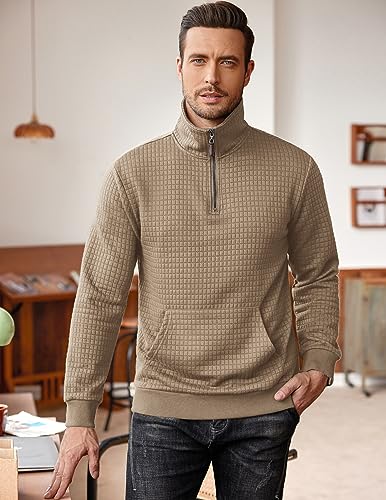 COOFANDY Men 1/4 Collared Sweatshirt Casual Long Sleeve Turtleneck Pullover Zip Up Polo Hoodies Khaki