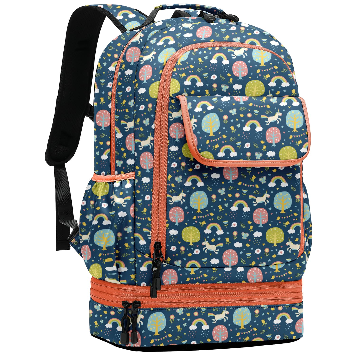 Leaper Water-resistant Cute Rainbow Laptop Backpack Double Deck Lunch Bag Satchel Dark Blue