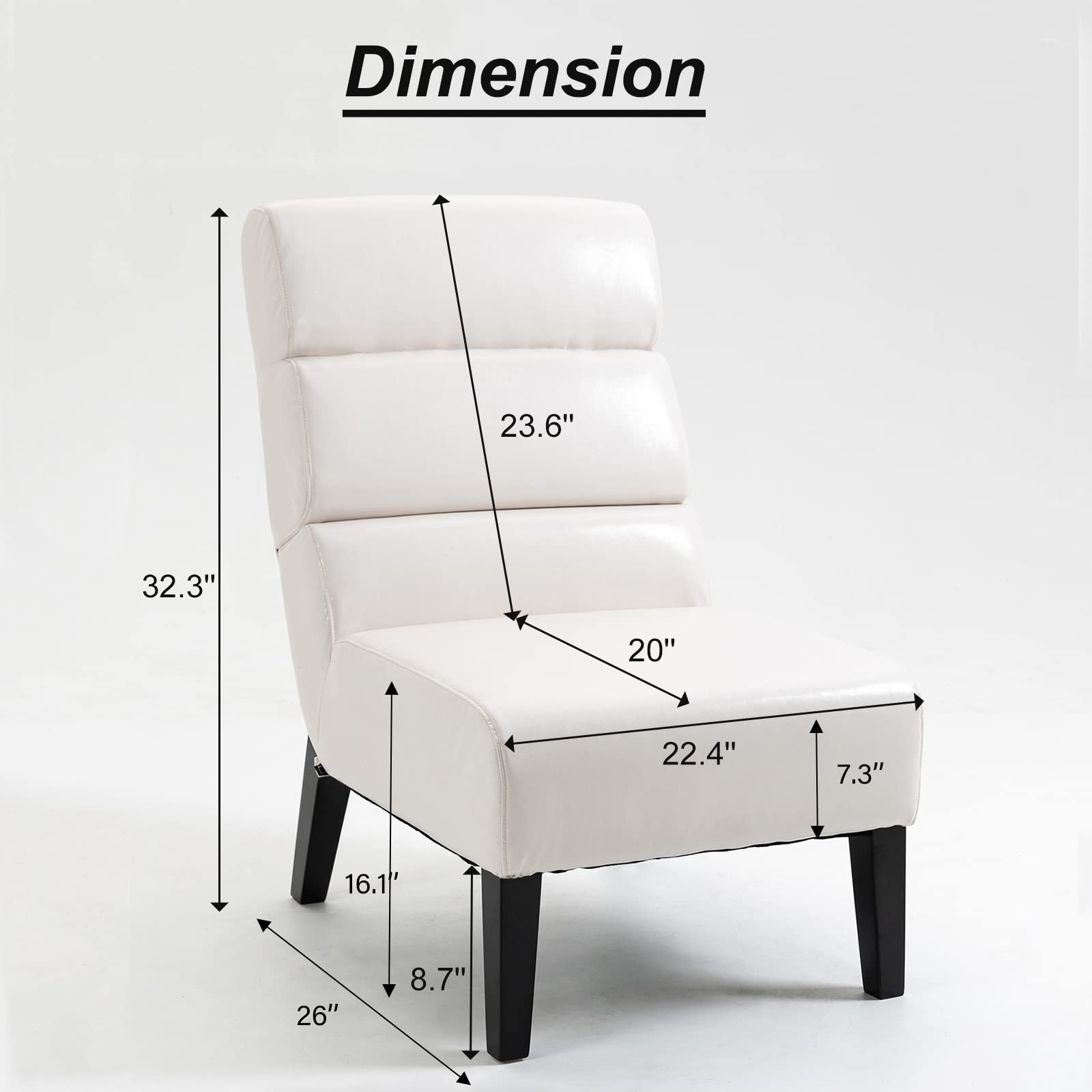 ZJhome Armless Accent Chairs Set of 2, Textured Leather Comfy Upholstered Corner Side Slipper Chairs for Bedroom, Living Room Chairs with Wooden Legs(White)