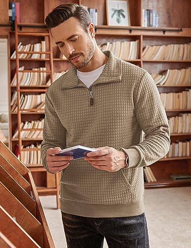 COOFANDY Men 1/4 Collared Sweatshirt Casual Long Sleeve Turtleneck Pullover Zip Up Polo Hoodies Khaki