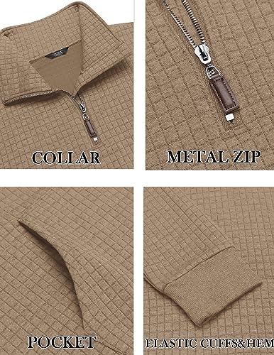 COOFANDY Men 1/4 Collared Sweatshirt Casual Long Sleeve Turtleneck Pullover Zip Up Polo Hoodies Khaki