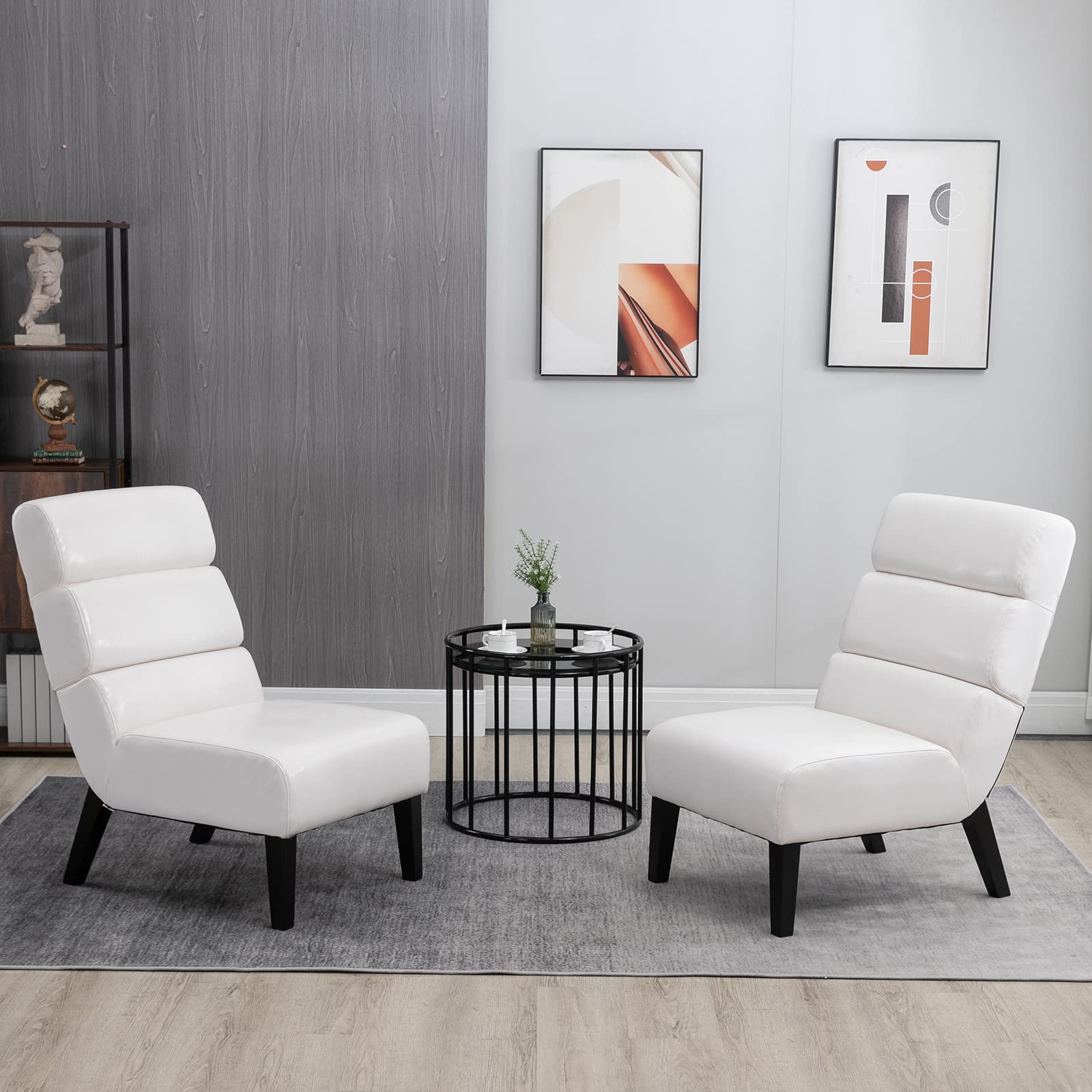 ZJhome Armless Accent Chairs Set of 2, Textured Leather Comfy Upholstered Corner Side Slipper Chairs for Bedroom, Living Room Chairs with Wooden Legs(White)