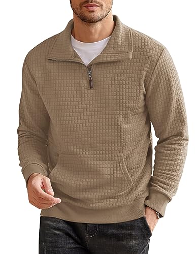 COOFANDY Men 1/4 Collared Sweatshirt Casual Long Sleeve Turtleneck Pullover Zip Up Polo Hoodies Khaki