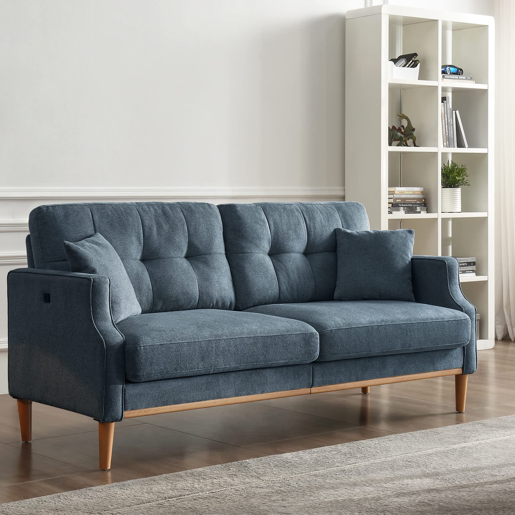 Plococo Mid-Century Modern 3 Seat Sofa Couch, The Ultimate Comfort Experience Loveseat with Thick Cushions,Waterproof Fabric,and USB Port,Blue