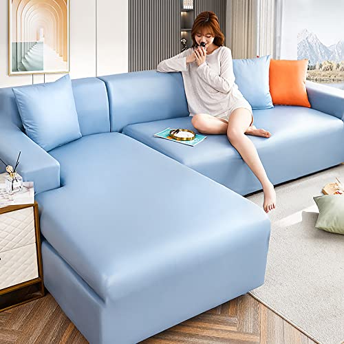 TVPFM 2 Pieces Waterproof Sectional Couch Covers, Stretch Sofa Slipcover with Elastic Bottom L-Shaped Sofa Covers Furniture Protector for Pets Cat Dog -Blue B-4-seater + 4-Seater