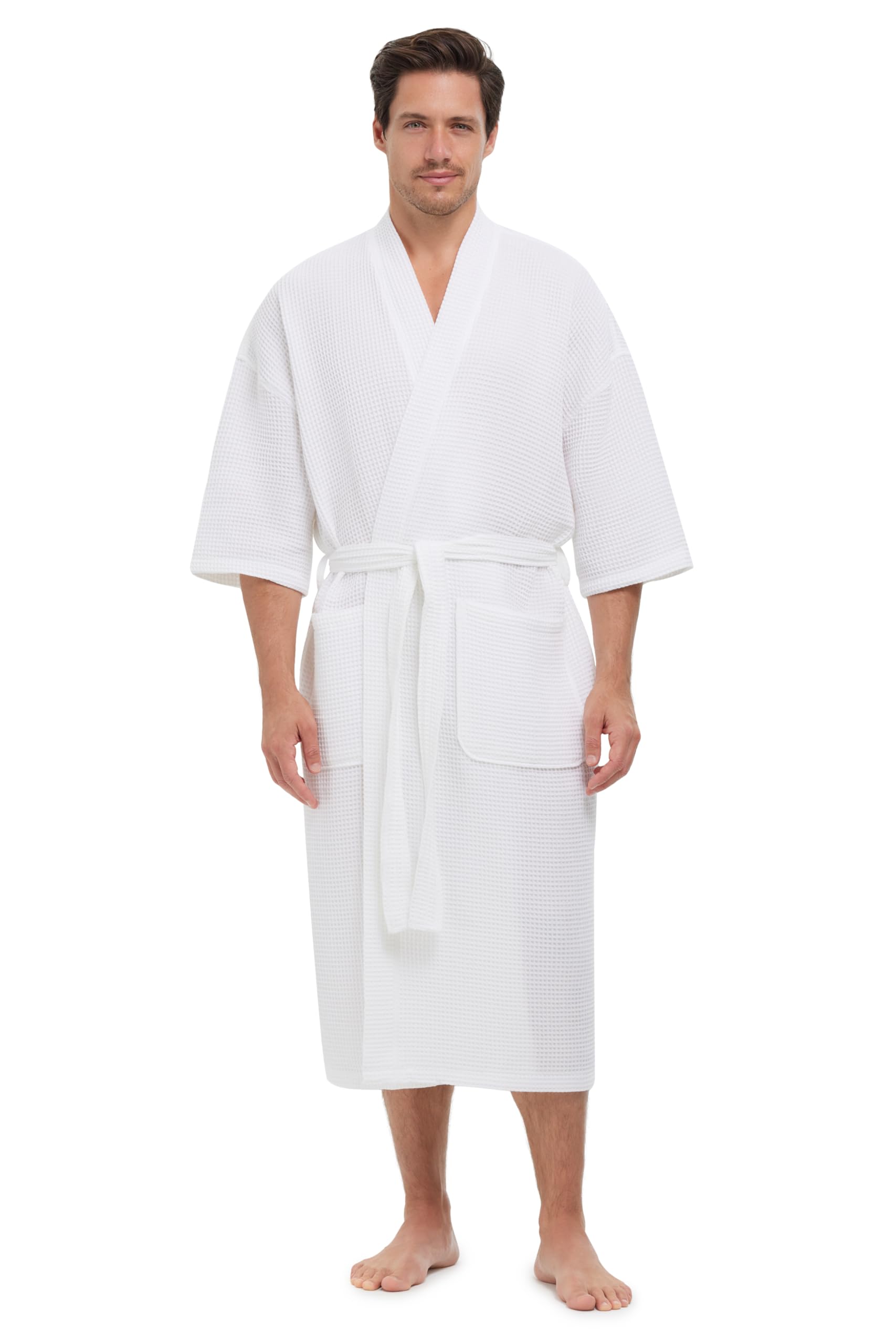 MONARCH Square Waffle Spa Kimono Robe - Soft Light Hotel Bathrobe Cypress (One Size/Large, White) (US, Alpha, One Size, White)