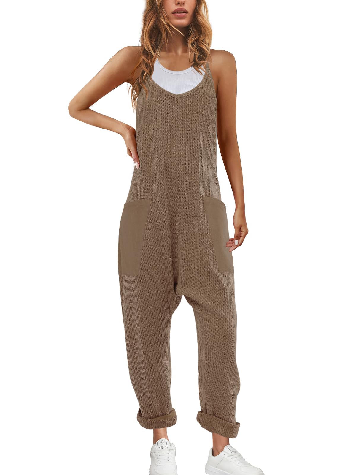 Nirovien Womens Waffle Knit Jumpsuits Oversized One Piece Romper Sleeveless Onesie with Pockets Fall Overalls(Dusty Khaki,L)