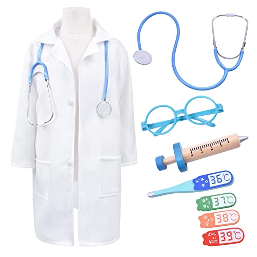 WICOT Kids Doctor Nurse Costume Kit White Lab Doctor Coat with Hat Stethoscope Toys Wooden Doctor Playset Kit Halloween Role Play Birthday Party Dress Up for Kids Toddlers Boys Girls 7-8 years