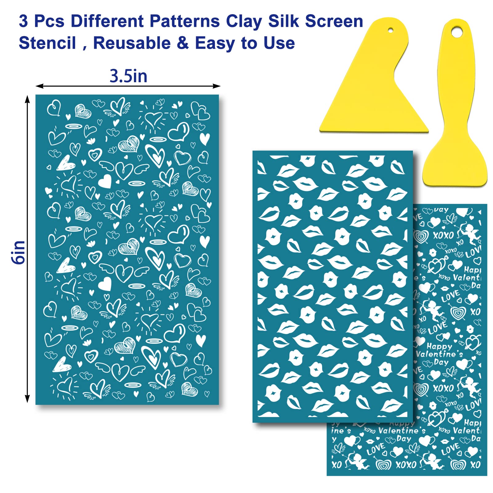 Juome Valentine's Day Silk Screen Stencils for Polymer Clay, 3Pcs Reusable Silk Screens Printing Kit for Polymer Clay Cutters, Polymer Clay Tools for Earring Jewelry Making