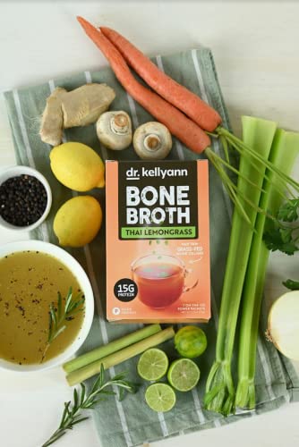 Dr. Kellyann Bone Broth Collagen Powder Packets (7 Servings, 1 Box) - Thai Lemongrass, 16g Protein/Serving, 100% Grass-Fed Hydrolyzed Collagen Powder, Keto & Paleo Friendly