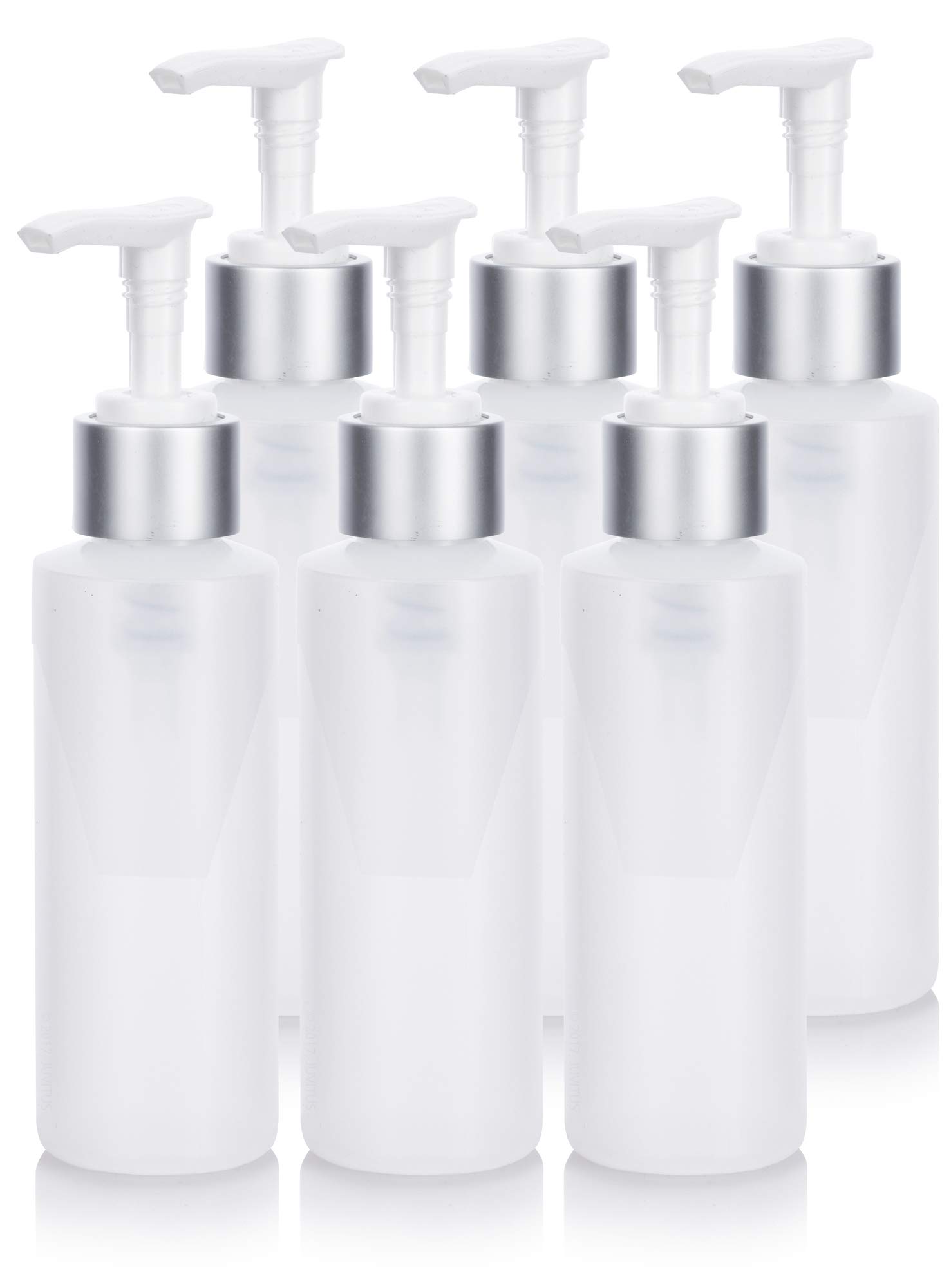 JUVITUS Clear Natural Large Refillable Plastic Squeeze Bottle with Silver Lotion Pump Dispenser 4 oz / 120 ml - (6 Pack)