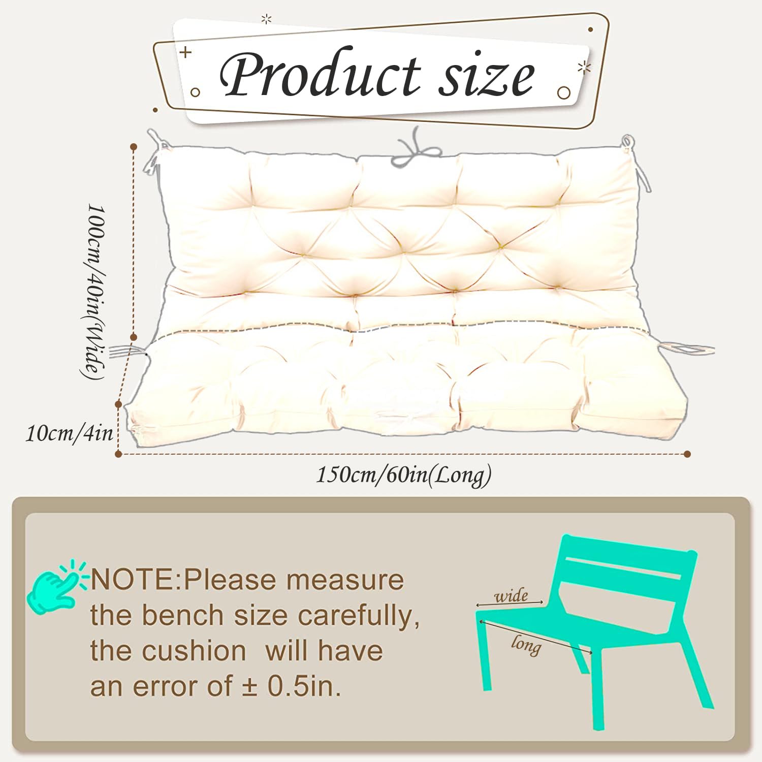 RUFXIEZW Porch Swing Cushions, Waterproof Bench Cushion with Backrest, 4In Thicck Three Seat Swing Replacement Cushions, Replacement Seat Pad Cushion for Patio Swing (Lake blue, 40 * 60 in)