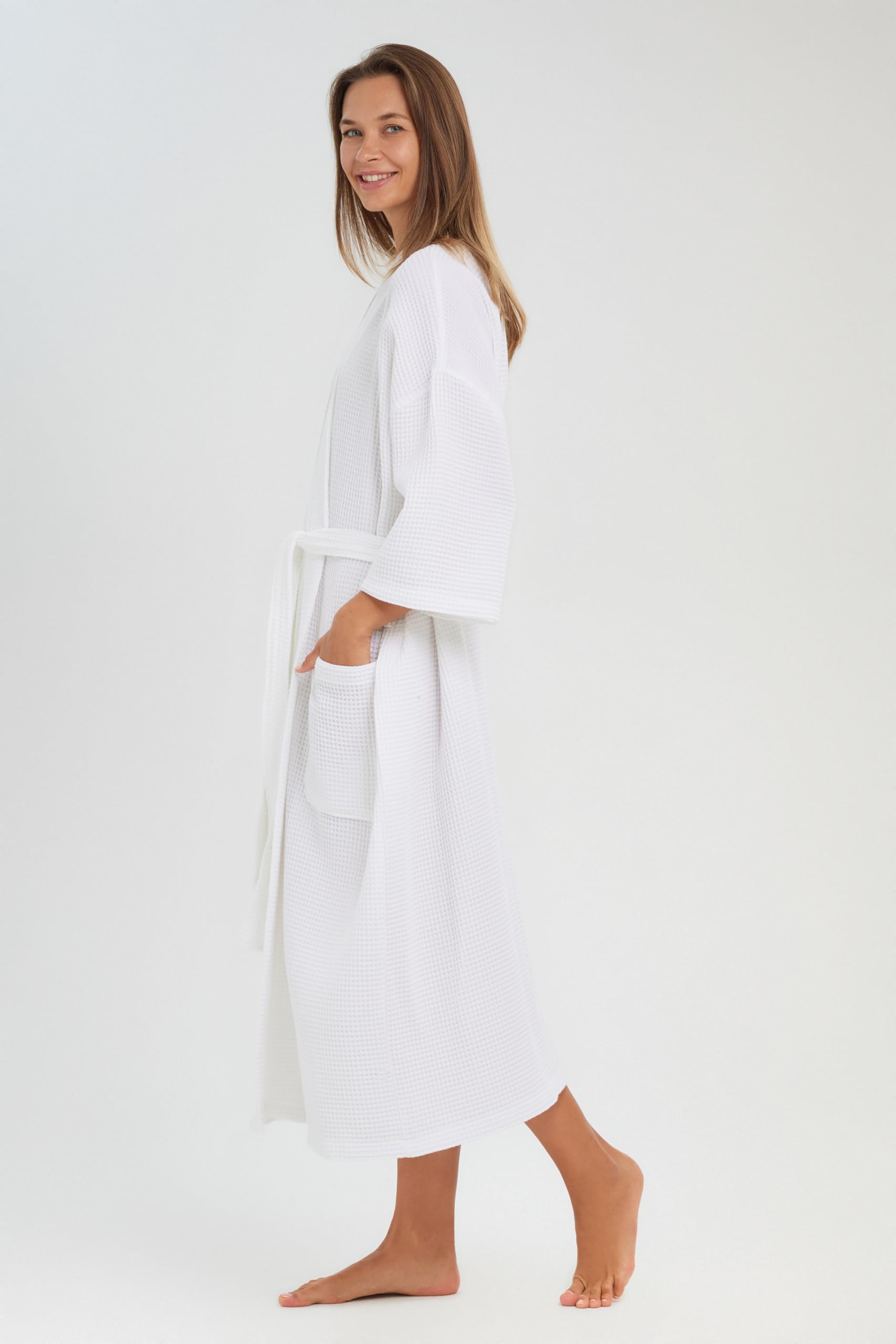 MONARCH Square Waffle Spa Kimono Robe - Soft Light Hotel Bathrobe Cypress (One Size/Large, White) (US, Alpha, One Size, White)