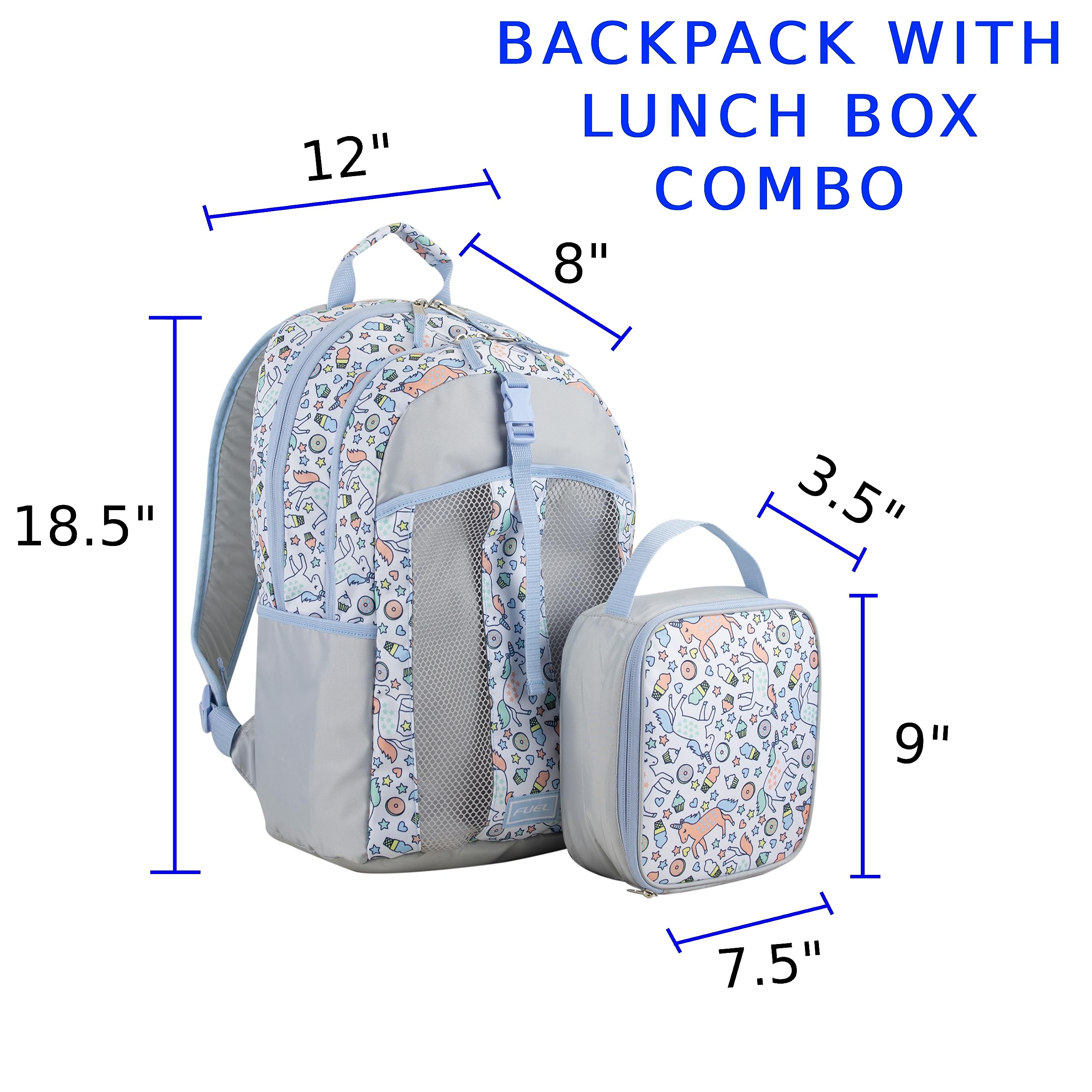FUEL Lunch Backpack Set Teens Student Water Resistant Bookbag Bag Soft Reusable Insulated Cooler Lunch Box Thermal Travel Office Lunch Bag, Light Blue Magic Donuts