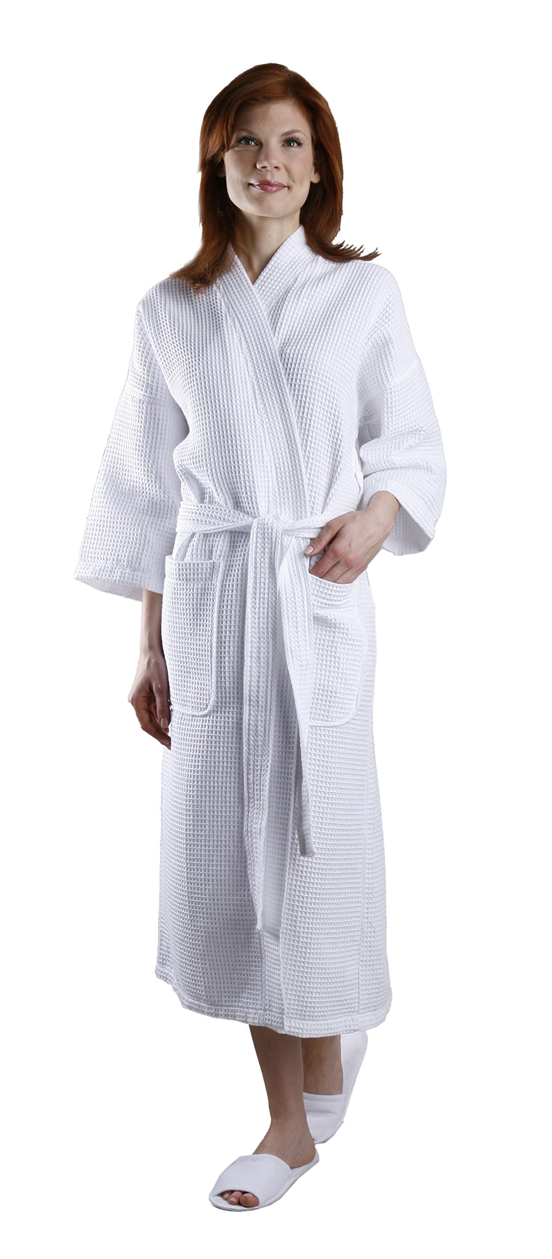 MONARCH Square Waffle Spa Kimono Robe - Soft Light Hotel Bathrobe Cypress (One Size/Large, White) (US, Alpha, One Size, White)