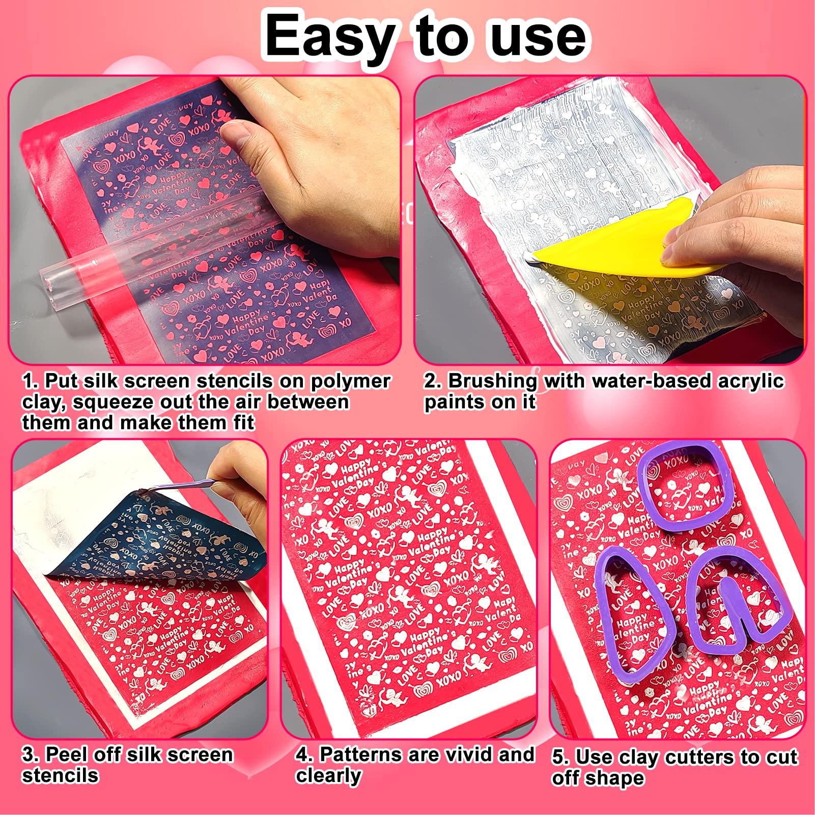 Juome Valentine's Day Silk Screen Stencils for Polymer Clay, 3Pcs Reusable Silk Screens Printing Kit for Polymer Clay Cutters, Polymer Clay Tools for Earring Jewelry Making