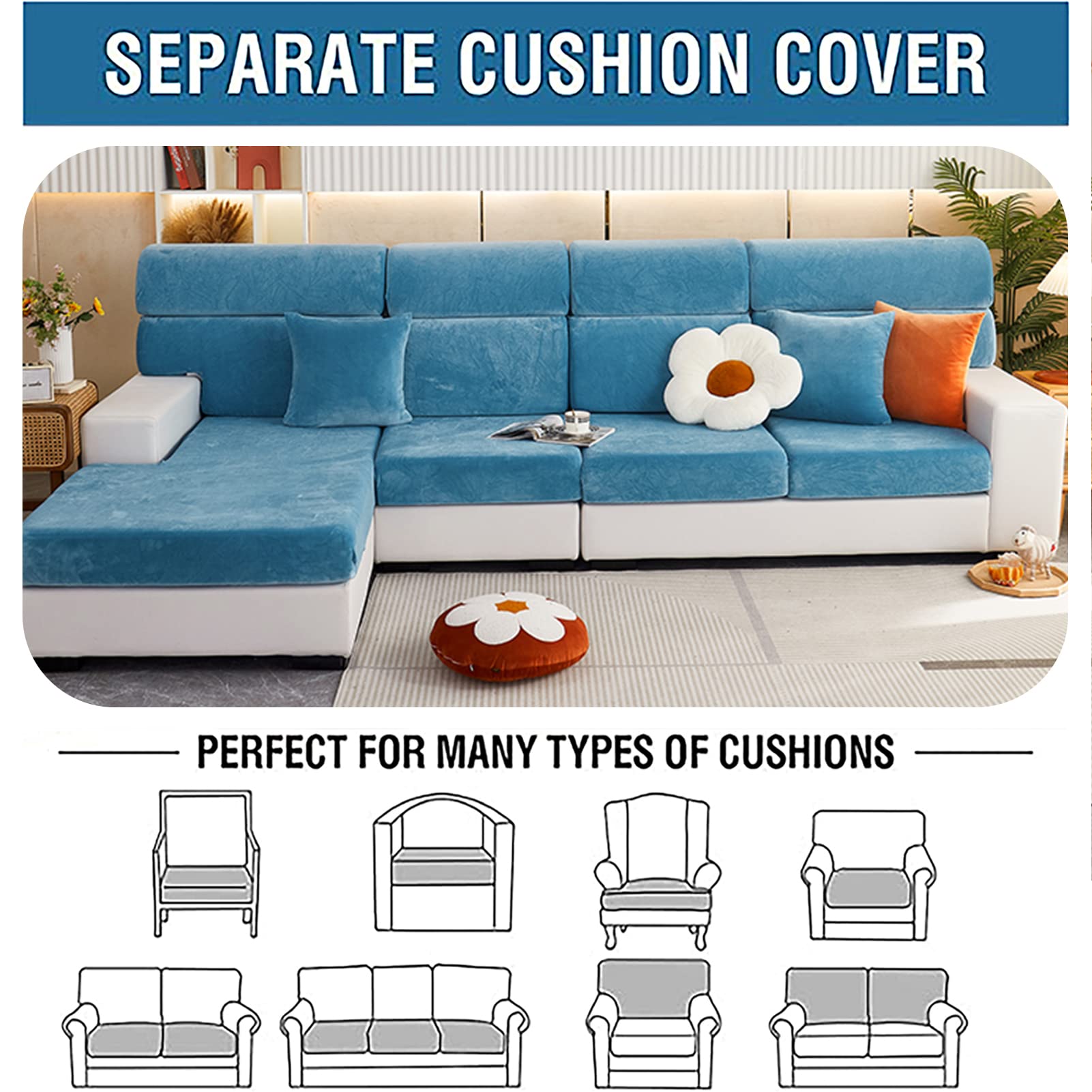 Lsmoosu 2023 New Wear-Velvet Sofa Cushion Covers, High Stretch Sofa Seat Slipcovers, Couch Cushion Cover Universal for 4/3/2/1 Seater Sofa (Sky Blue, Large 1-Seater)