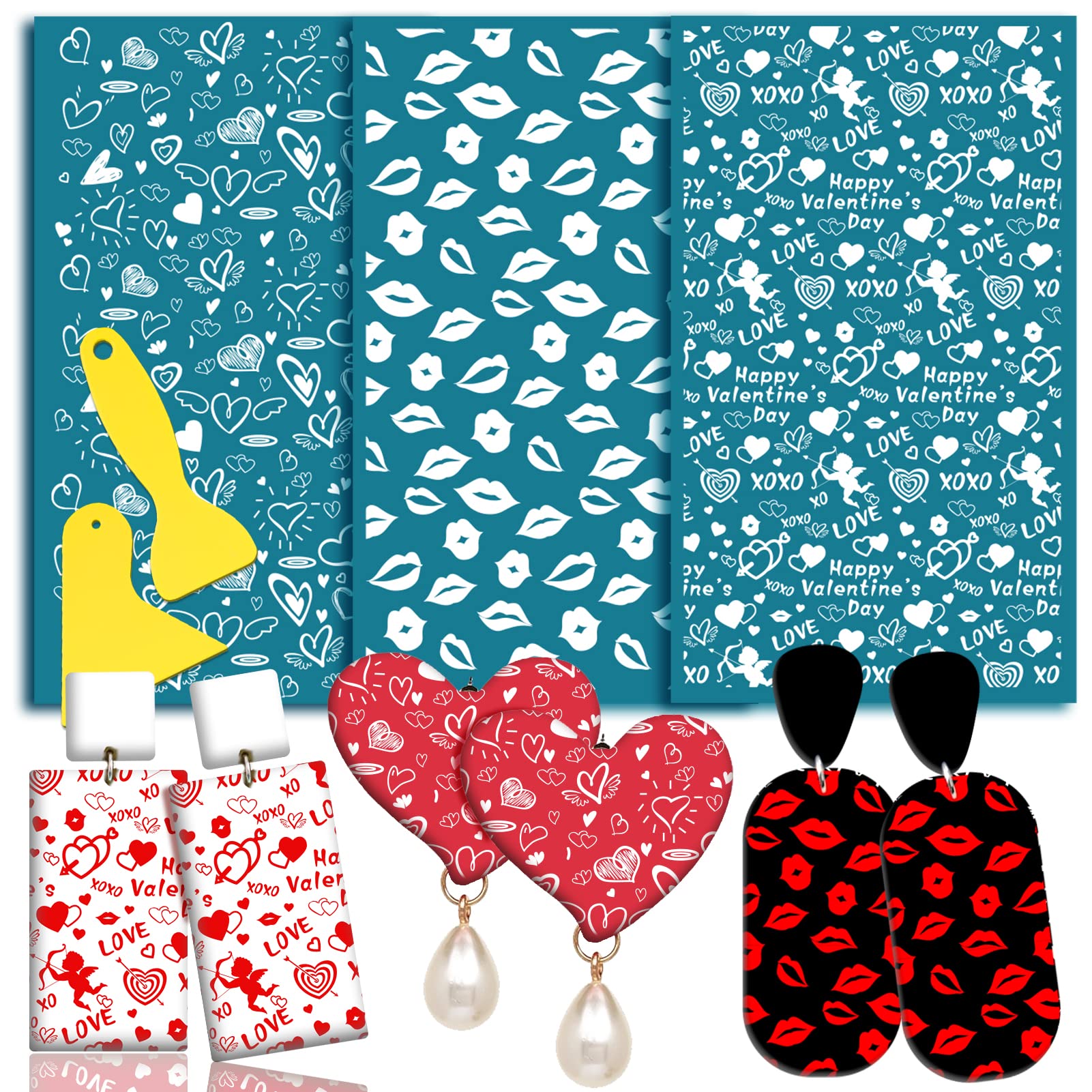 Juome Valentine's Day Silk Screen Stencils for Polymer Clay, 3Pcs Reusable Silk Screens Printing Kit for Polymer Clay Cutters, Polymer Clay Tools for Earring Jewelry Making