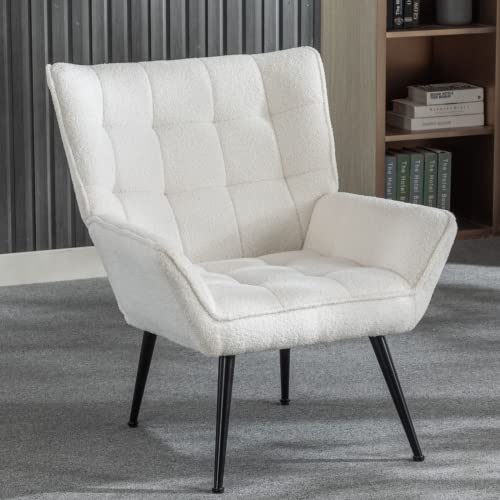 Ya-Home Modern Accent Chair, Comfy Sherpa Leisure Armchair with Backrest and Black Metal Legs, Upholstered Channel Tufting Detail Side Chair for Living Room Bedroom, 1PC, White