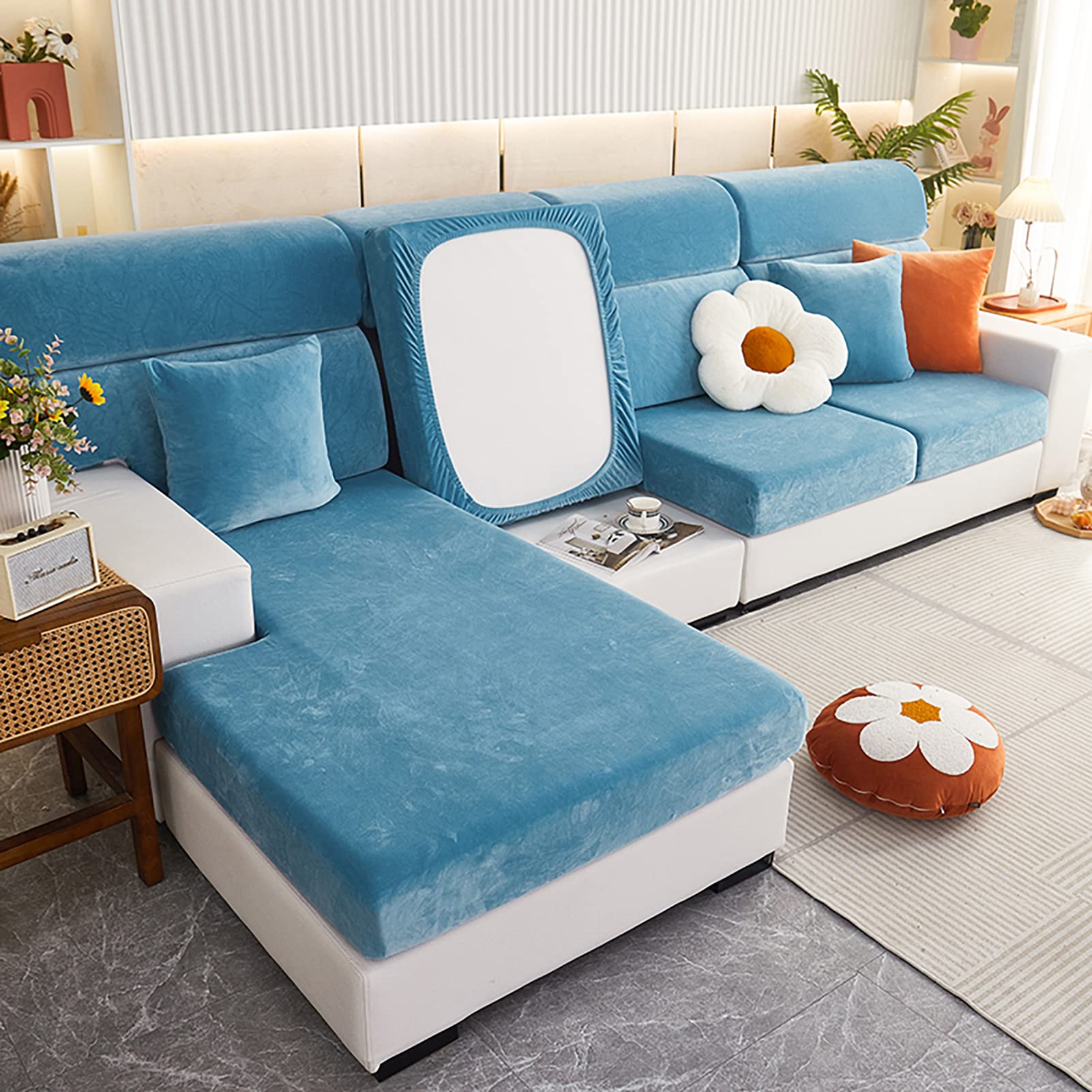 Lsmoosu 2023 New Wear-Velvet Sofa Cushion Covers, High Stretch Sofa Seat Slipcovers, Couch Cushion Cover Universal for 4/3/2/1 Seater Sofa (Sky Blue, Large 1-Seater)