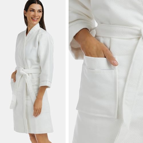 Fishers Finery Women's Cotton Modal Waffle Kimono Resort Spa Robe; Absorbent Above Knee Length Bathrobe with Pockets; Lounge and Sleepwear Essentials (White, XS)