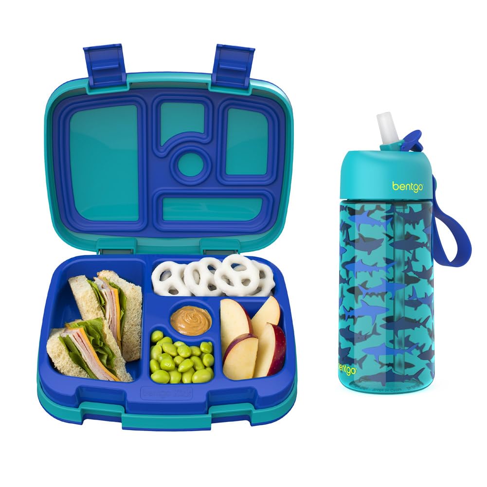 Bentgo Kids Prints Lunch Box Kids Water Bottle - New & Improved 2023 (Sharks)