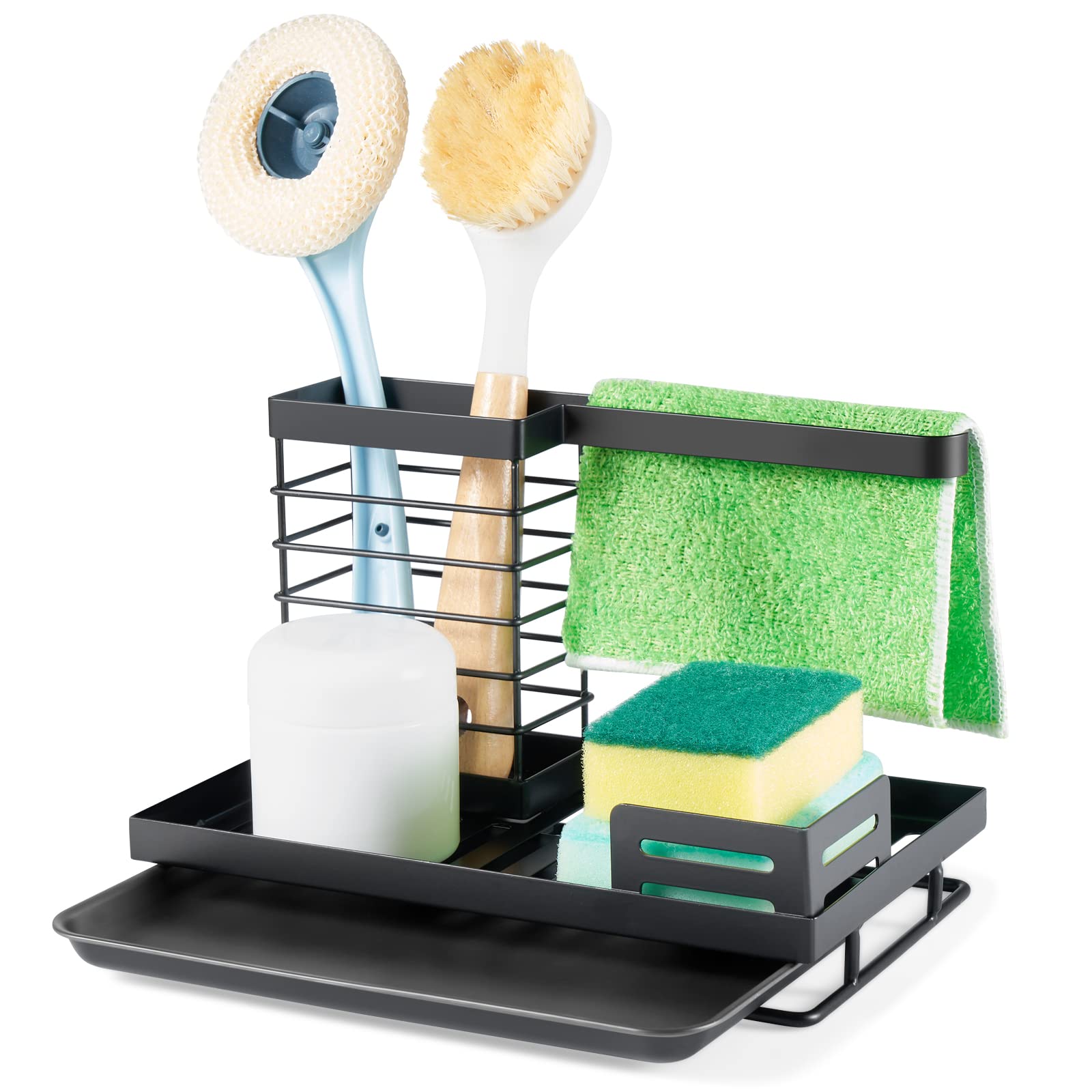 Purboah Kitchen Sink Caddy,Sink Organizer Sponge Holder with Removable Drain Tray and 2 Sponges,Brush Soap Dish Towel Holder